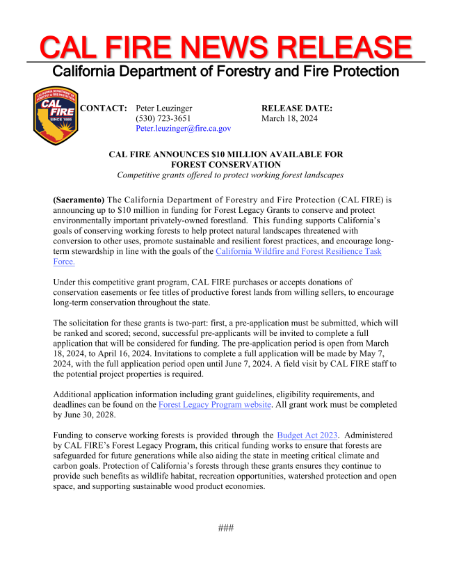 Cal Fire Announces $10 Mil in Grants For Forest Conservation 03.20.2024 ...